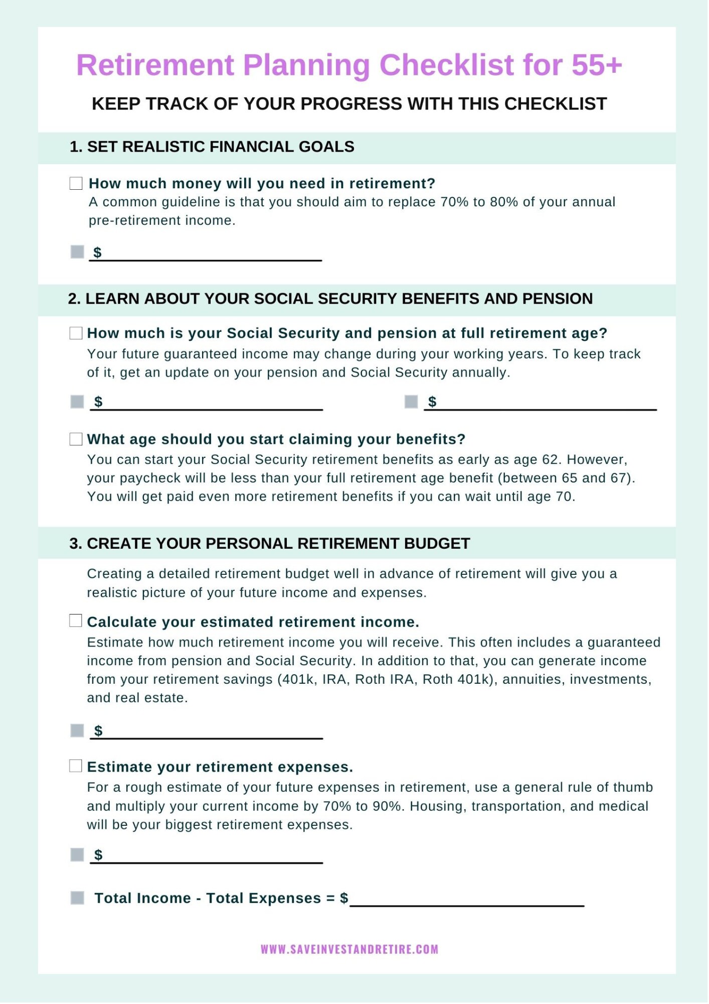 Retirement Planner, Retirement Checklist, Financial Planner Checklist ...