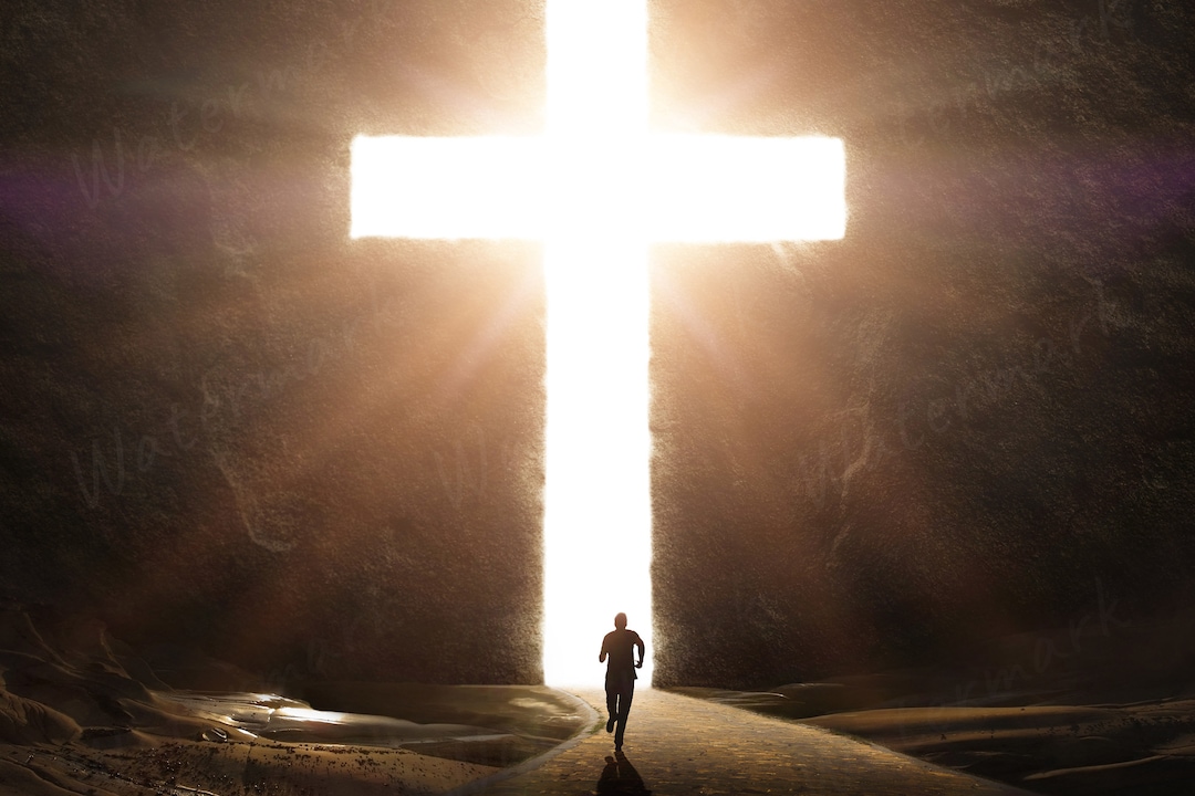 Man Running to the Glowing Cross of Jesus Christ in the Rock: Christian ...