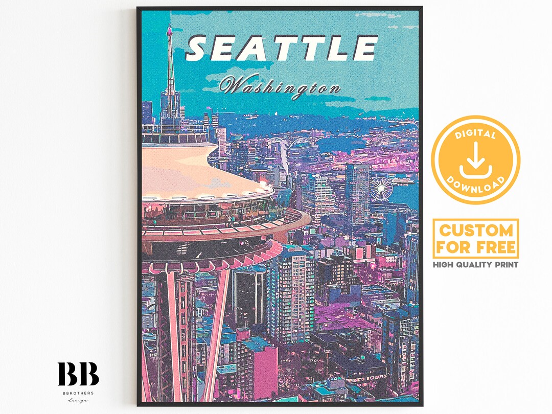 Seattle Printable Vintage Travel Poster, Space Needle Print, Vapor Wave ...