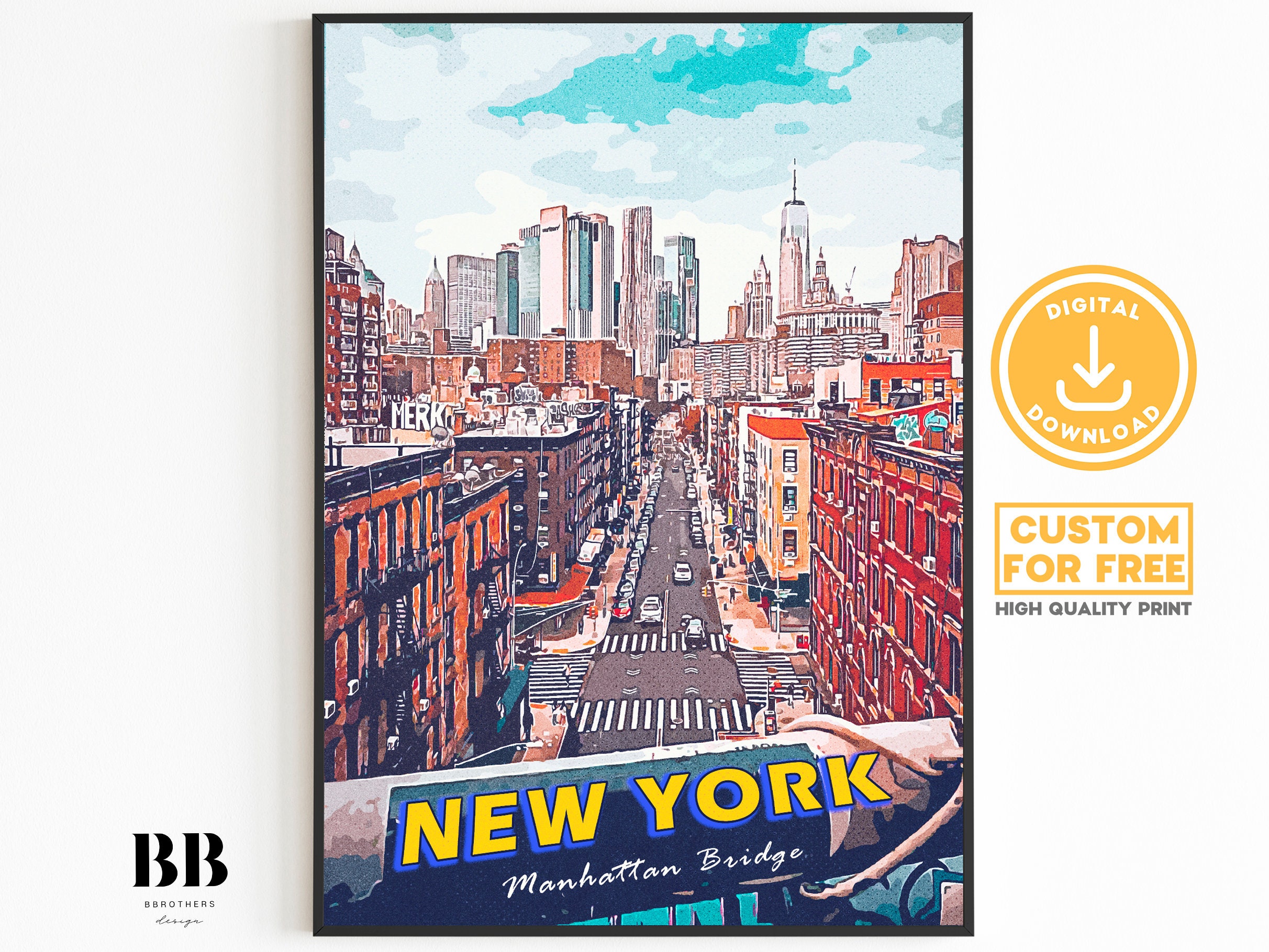 New York Printable Skyline, Retro World Travel Poster, Manhattan Bridge ...