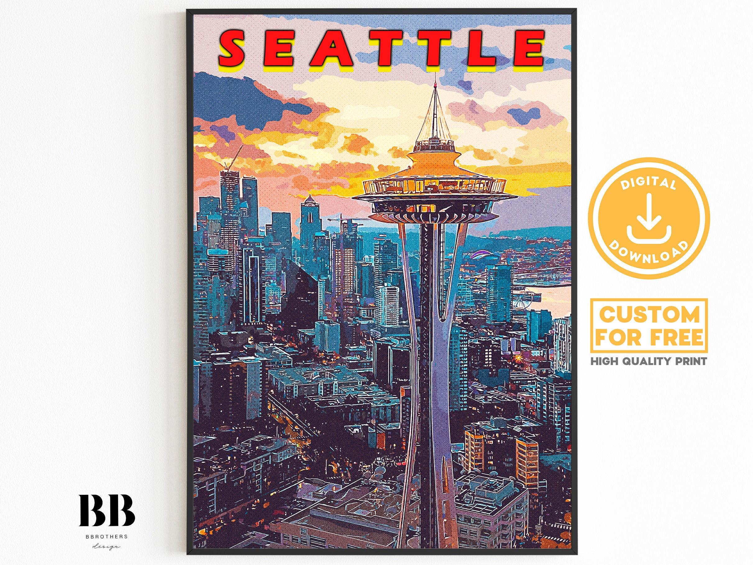 Seattle Skyline Printable Poster, Space Needle, Washington Retro Poster ...