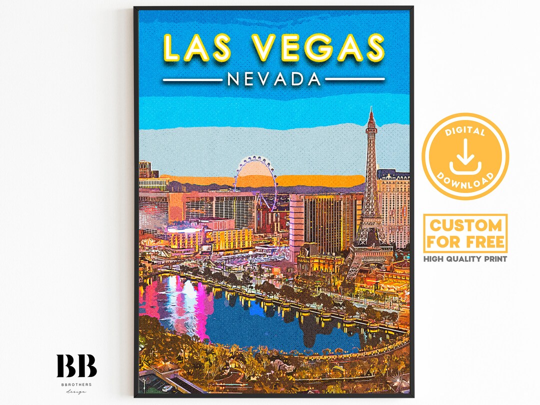 Las Vegas Printable Skyline Retro Poster, Bellagio Fountains, Casino ...