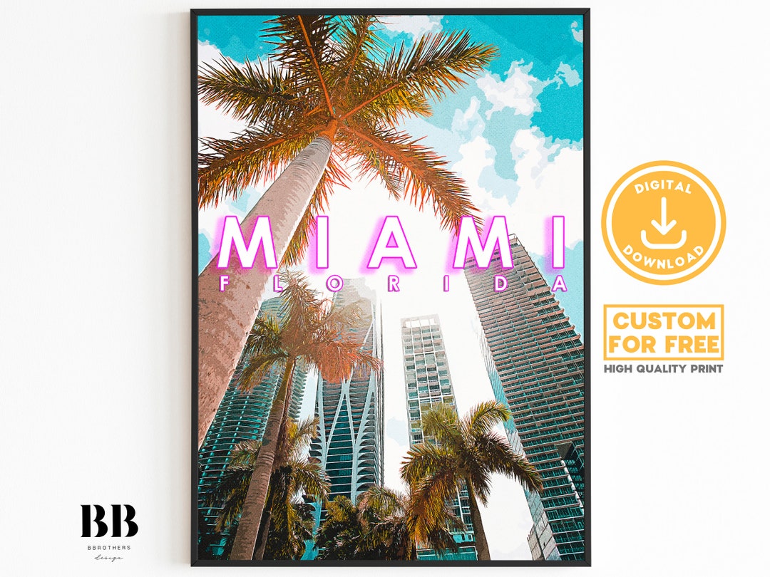 Printable Vintage Travel Poster, Miami Cityscape Travel Print, Florida ...