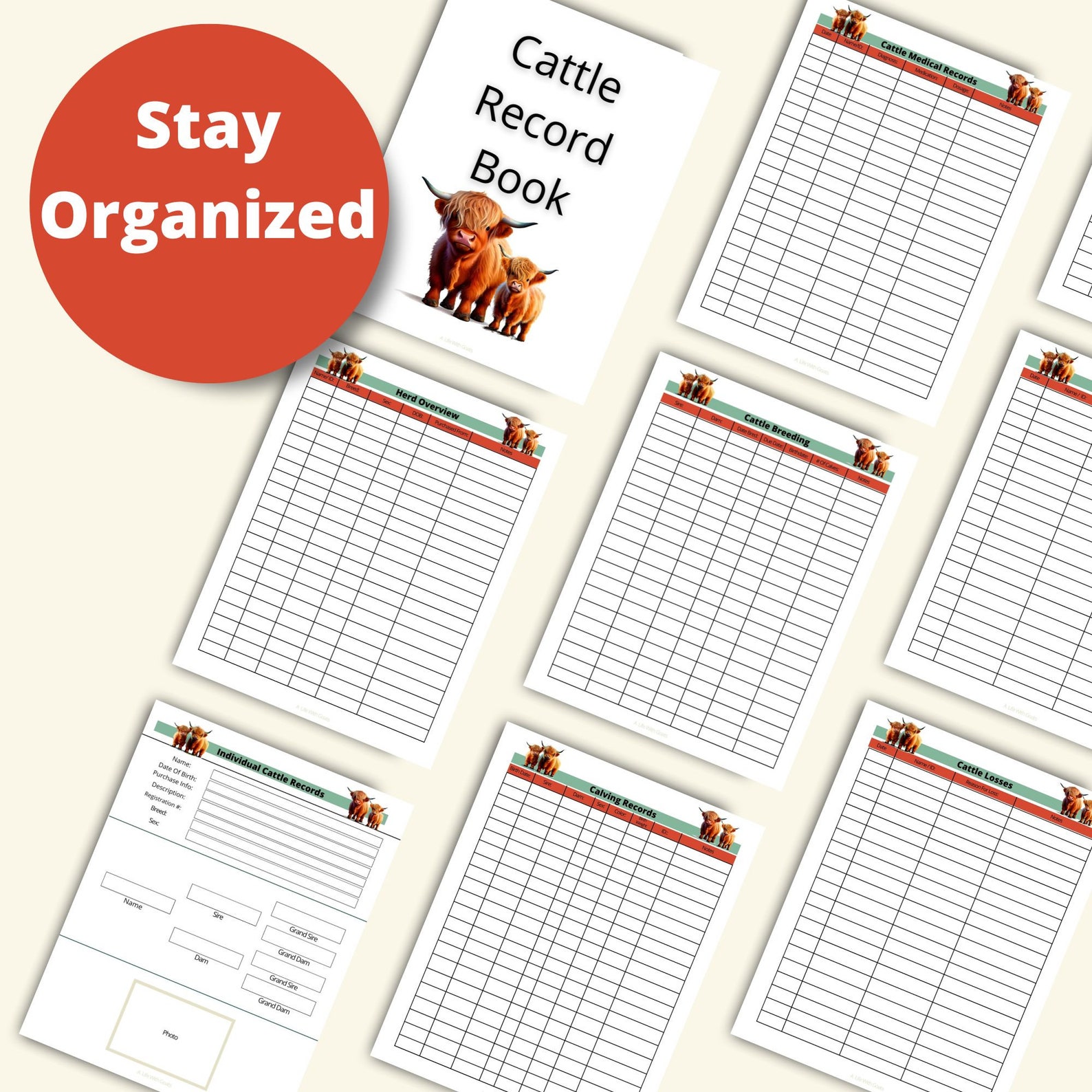 Printable Highland Cattle Theme Cattle Records Book Instant Download 8 ...