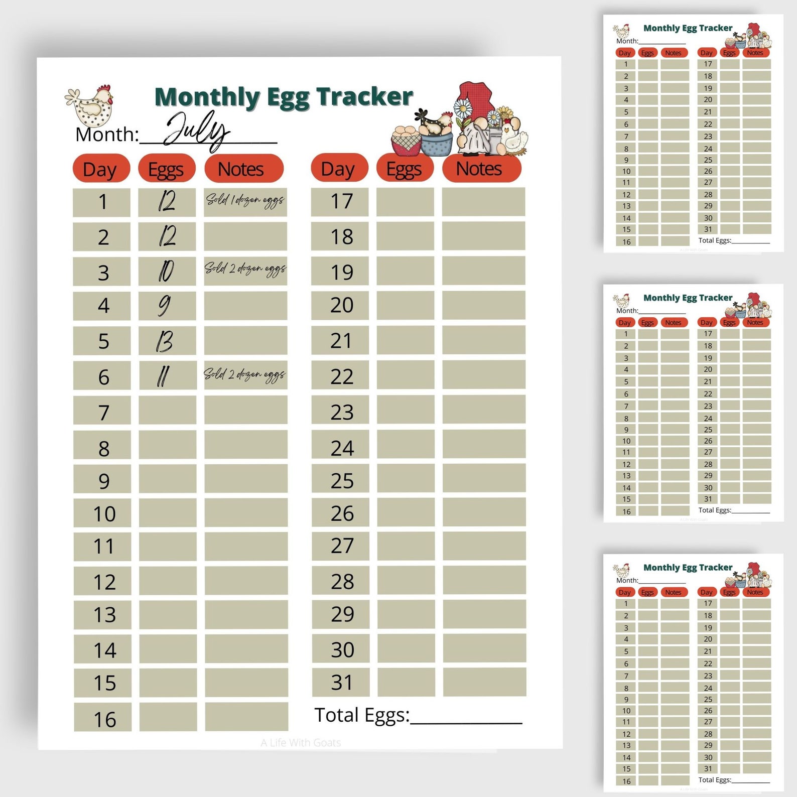 Printable Monthly Egg Collection Tracker | Instant Download | 8.5x11 ...