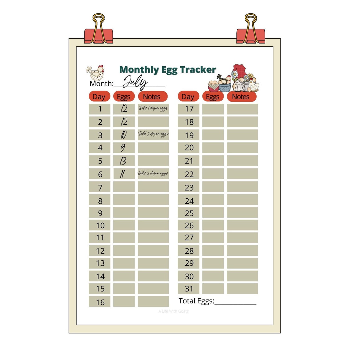 Printable Monthly Egg Collection Tracker | Instant Download | 8.5x11 ...