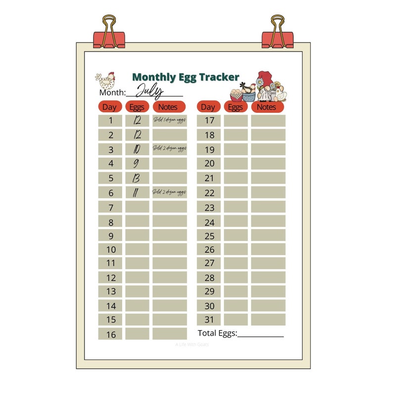 Printable Monthly Egg Collection Tracker | Instant Download | 8.5x11 ...