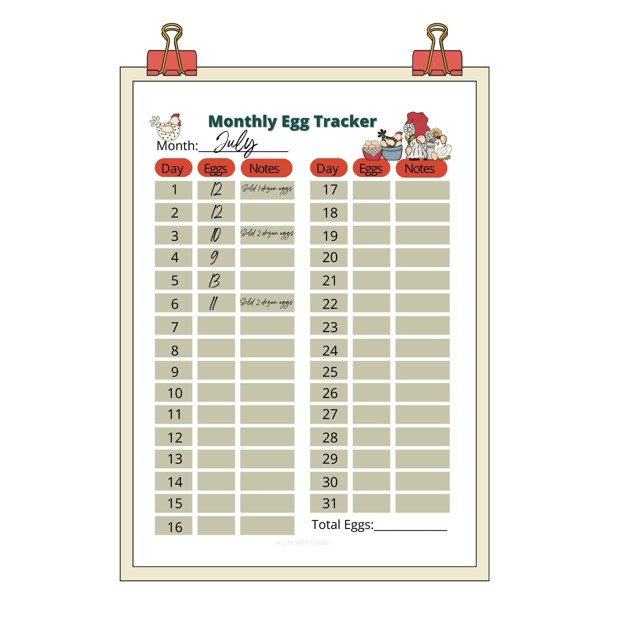 Printable Monthly Egg Collection Tracker | Instant Download | 8.5x11 ...