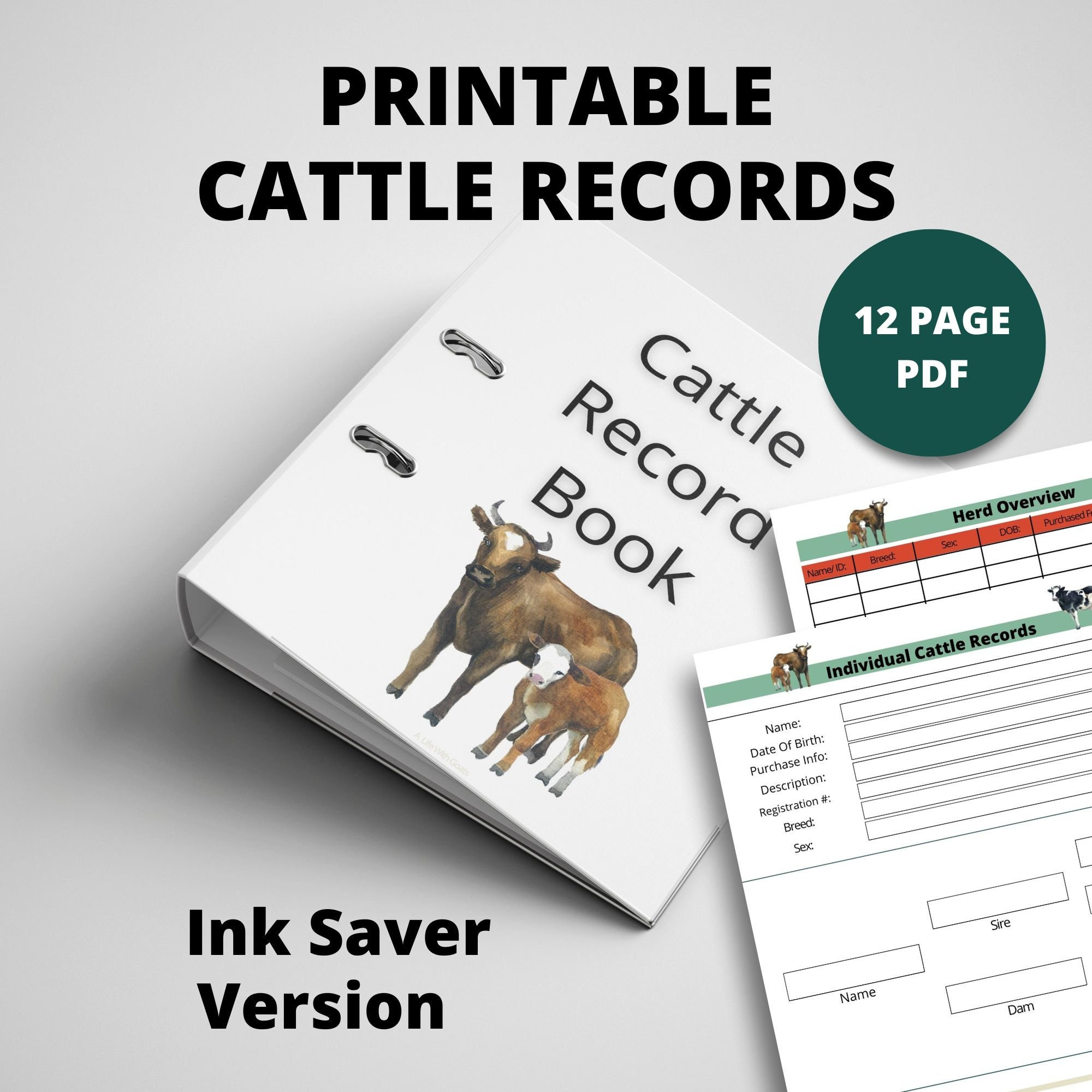 Printable Minimal Ink Cattle Records Book | Instant Download | 8.5x11 ...