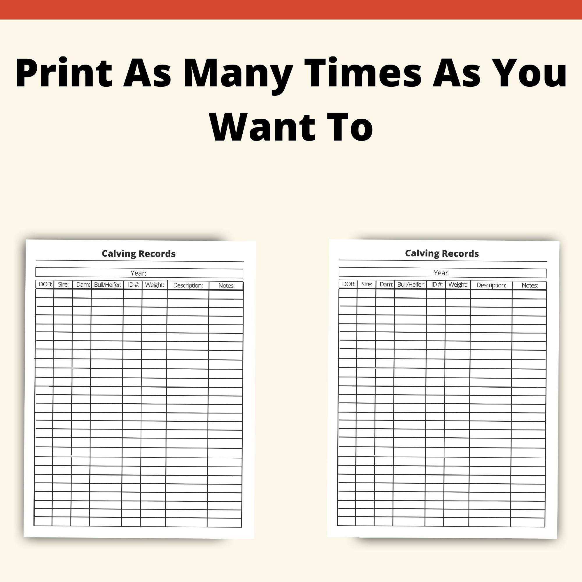 Minimal Ink Printable Calving Records Page | Instant Download | 8.5x11 ...