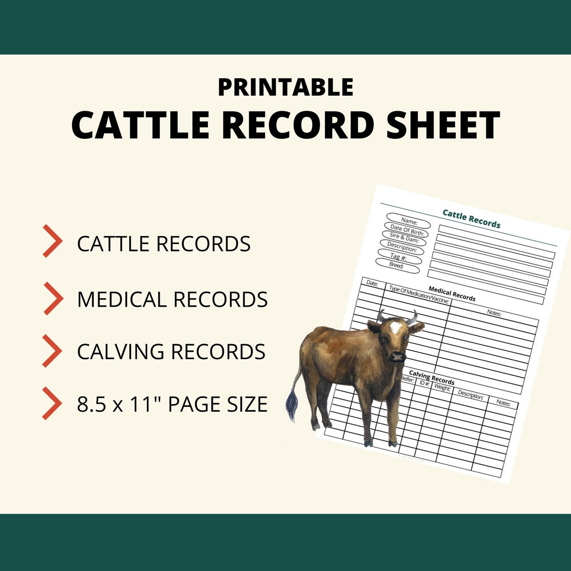 Printable Cattle Records Page | Instant Download | 8.5x11 PDF ...