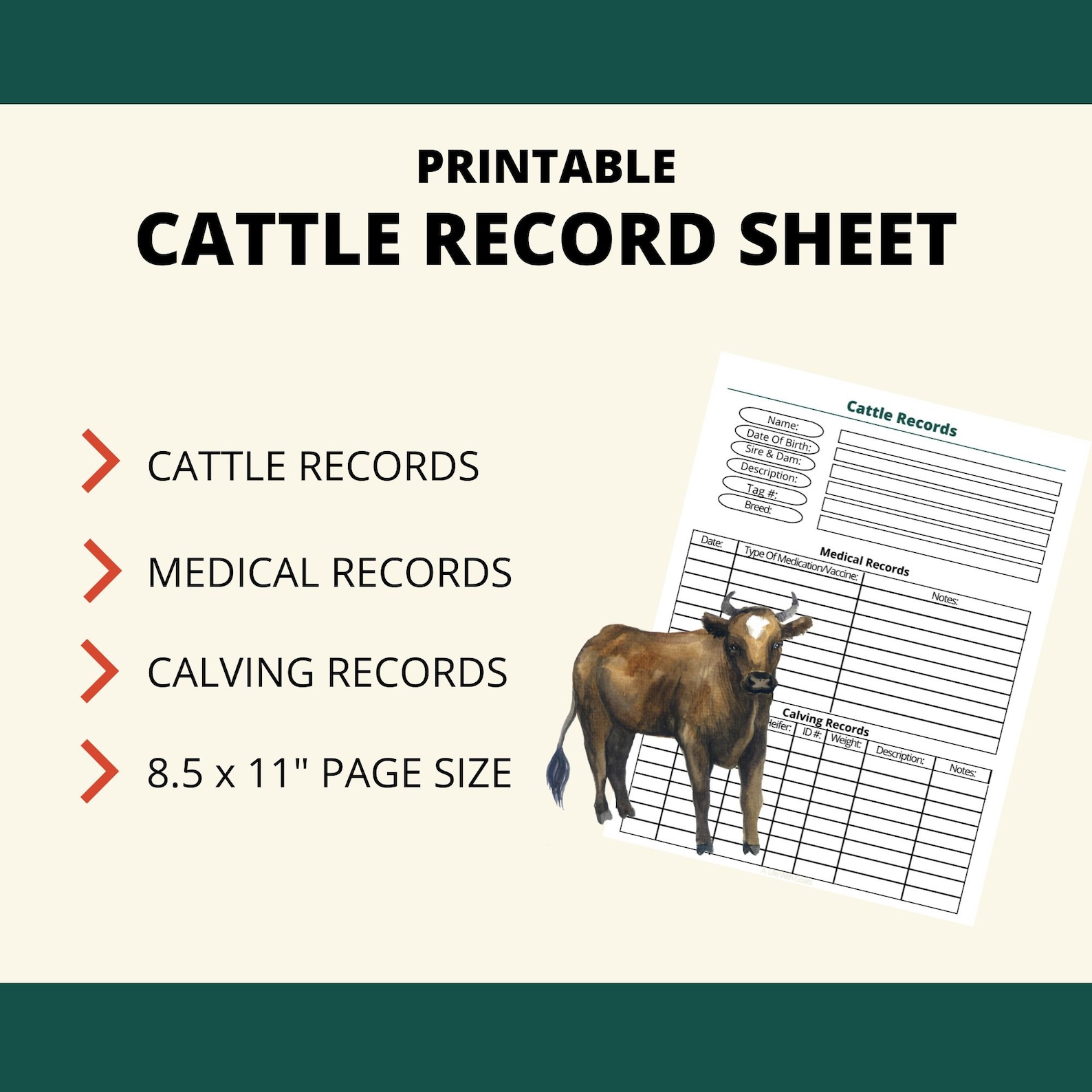 Printable Cattle Records Page | Instant Download | 8.5x11 PDF ...