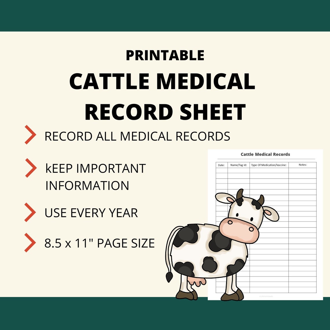Printable Cattle Medical Records Page | Instant Download | 8.5x11 PDF ...