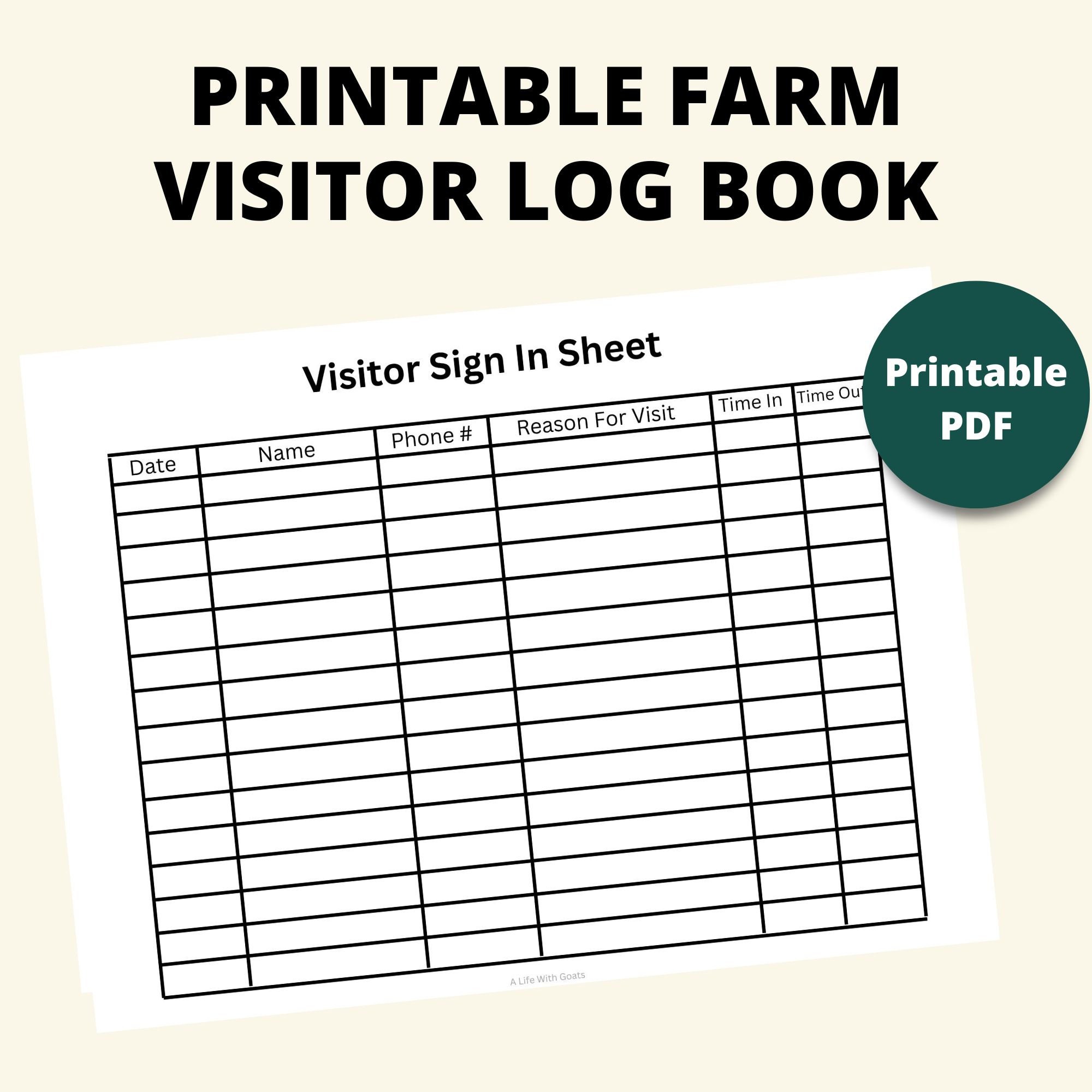 Minimal Ink Printable Farm Visitor Log Book Instant Download 8.5x11 PDF ...