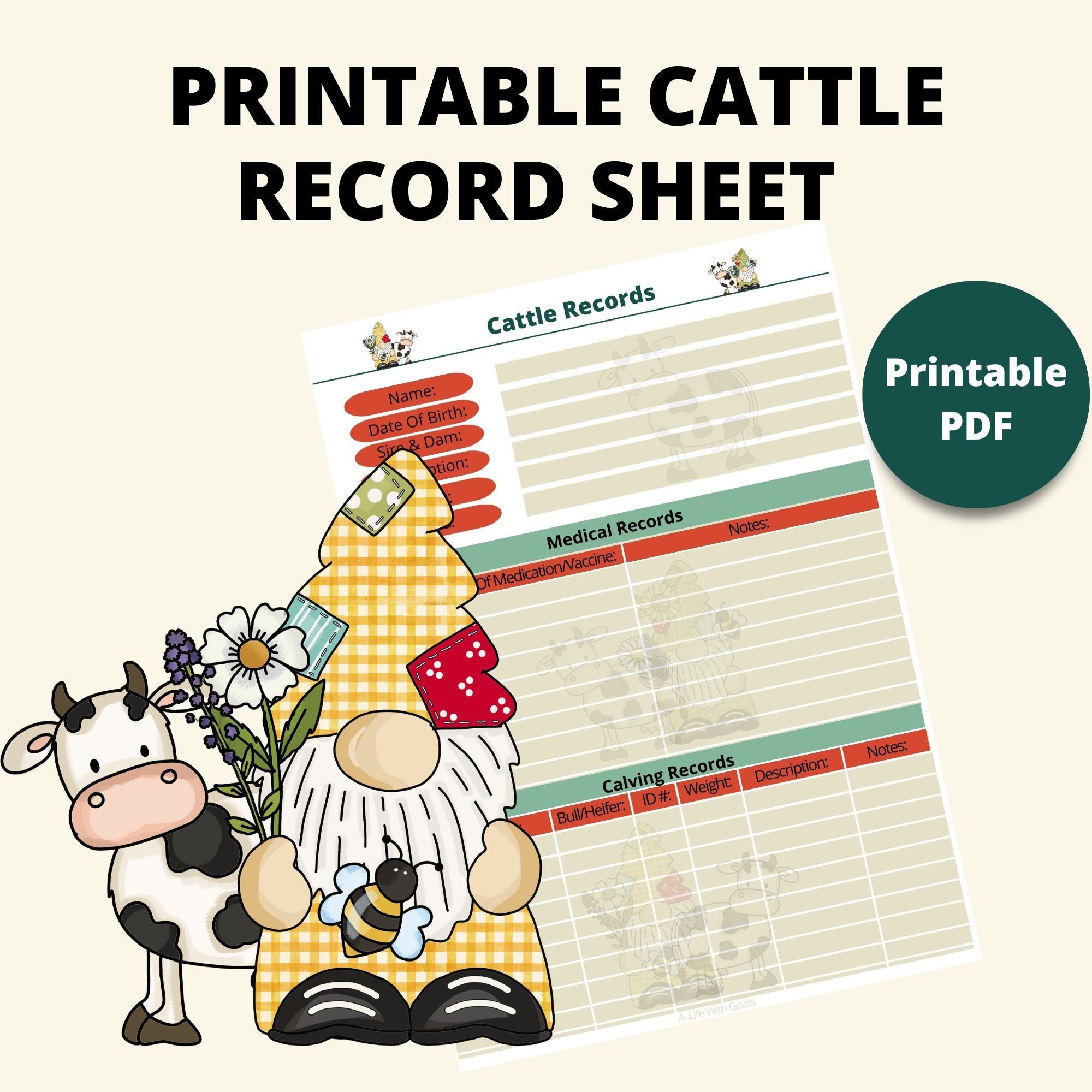Printable Cattle Records Page Instant Download 8.5x11 PDF Homestead ...