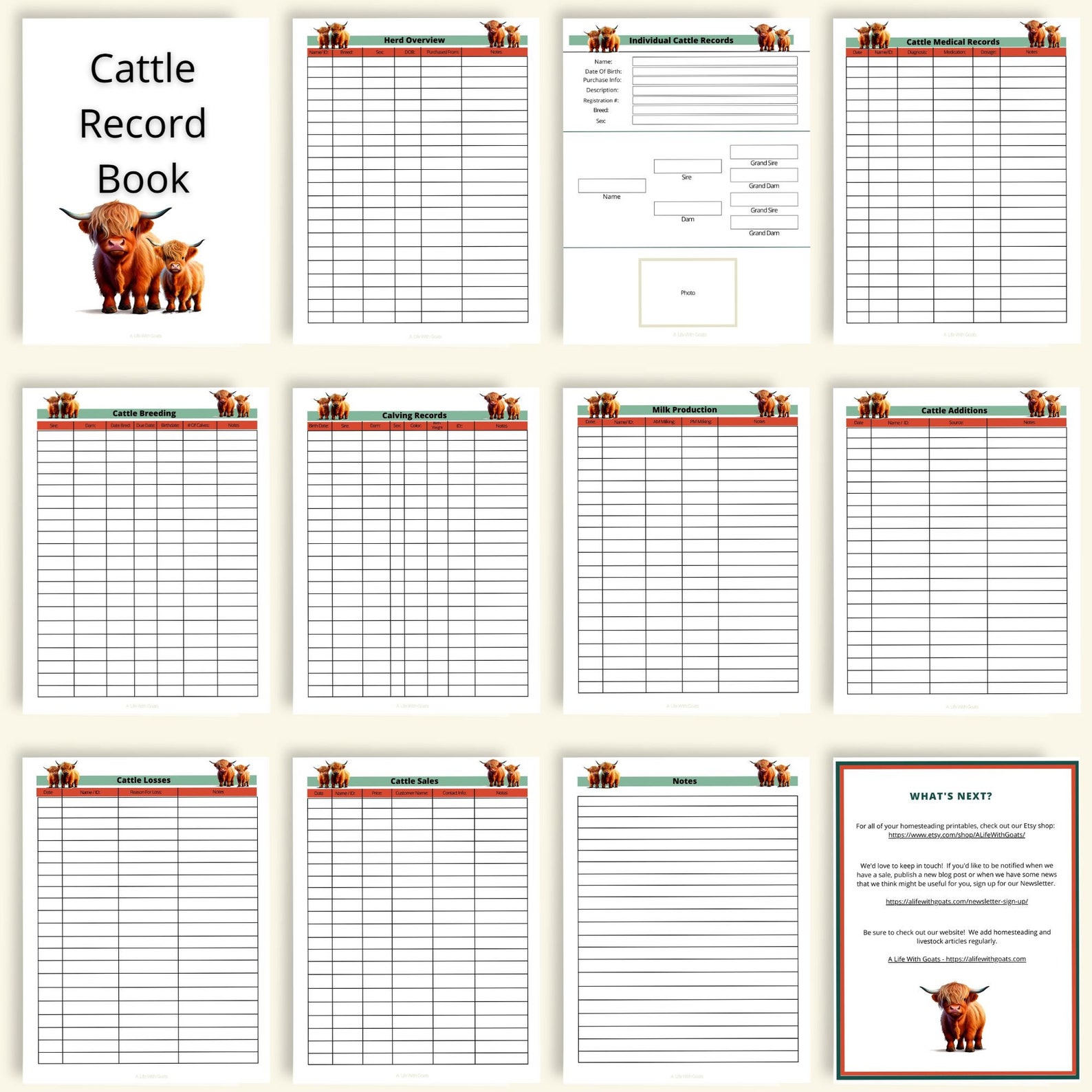 Printable Highland Cattle Theme Cattle Records Book Instant Download 8 ...