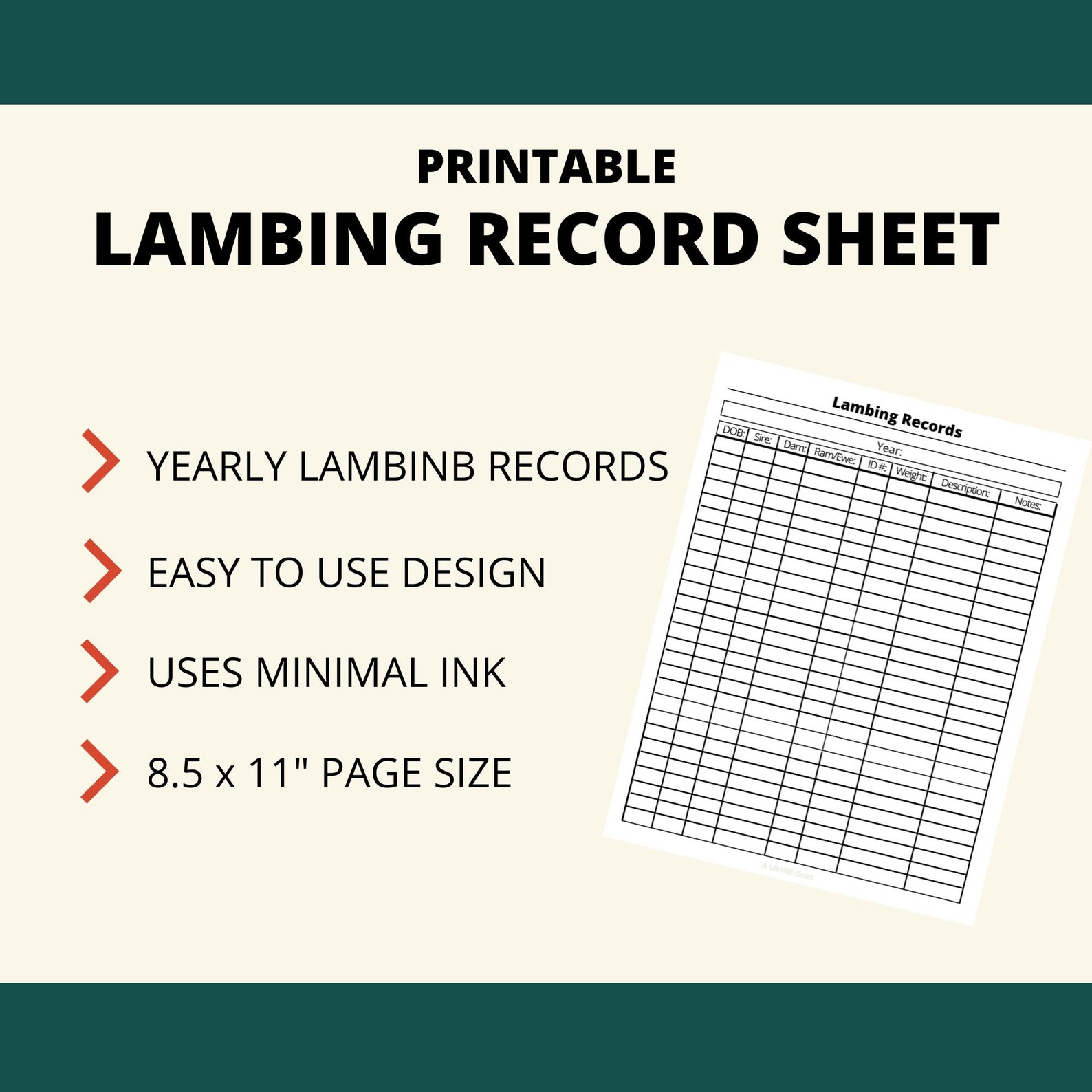 Printable Lambing Records Page | Instant Download | 8.5x11 PDF ...