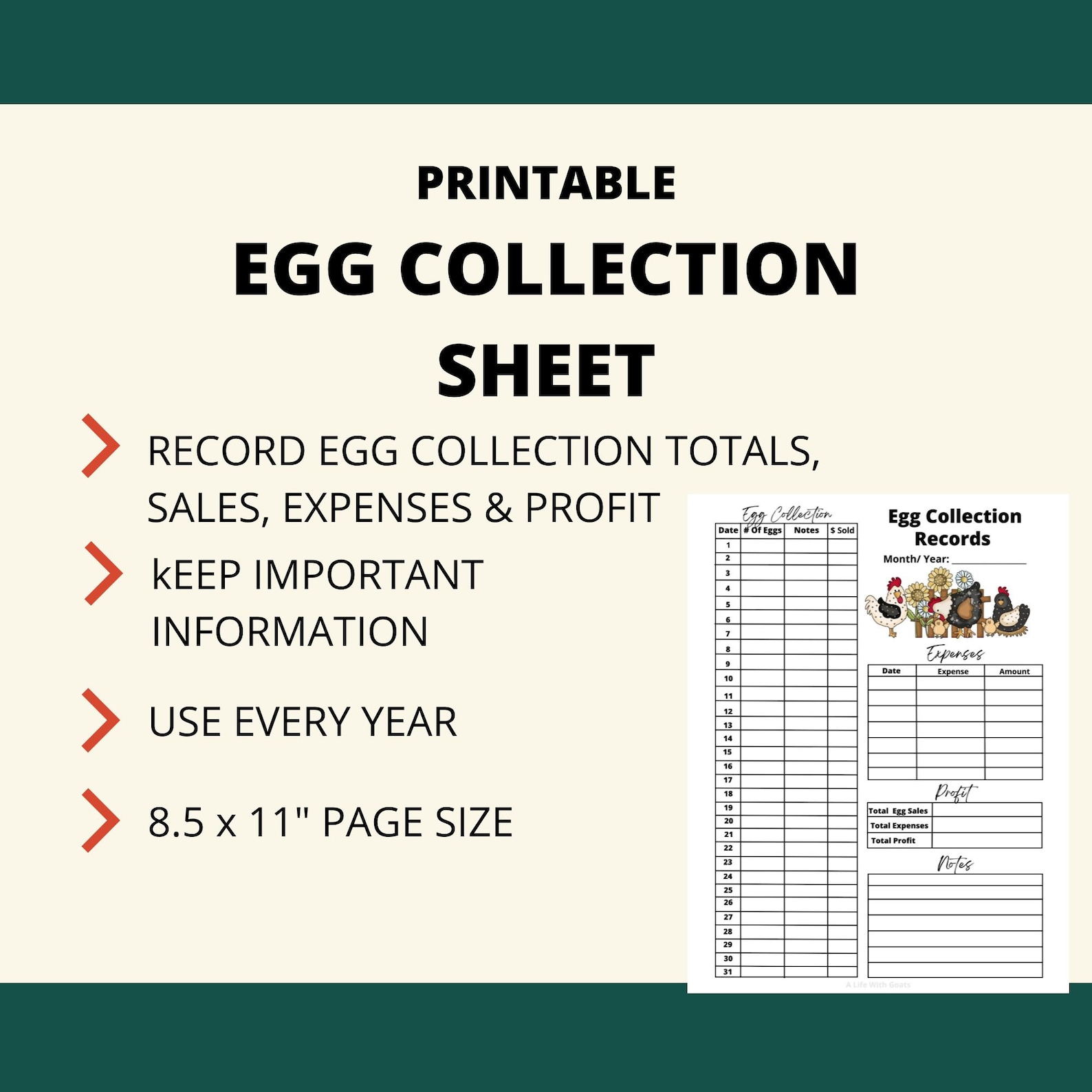 Printable Monthly Egg Collection Tracker | Instant Download | 8.5x11 ...
