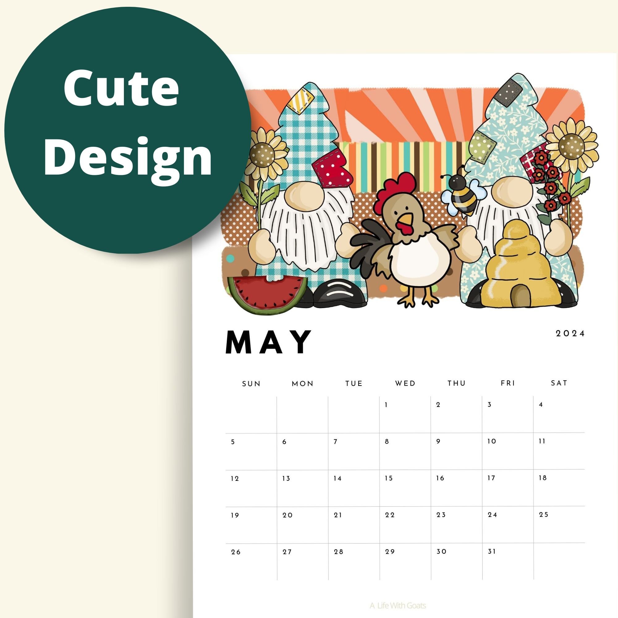 Printable 2024 Cute Country Gnome Theme Calendar Instant - Etsy