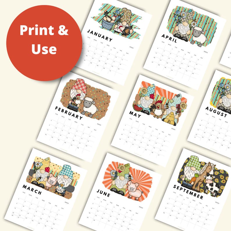 Printable & Fillable 2025 Cute Country Gnome Theme Calendar | Instant ...