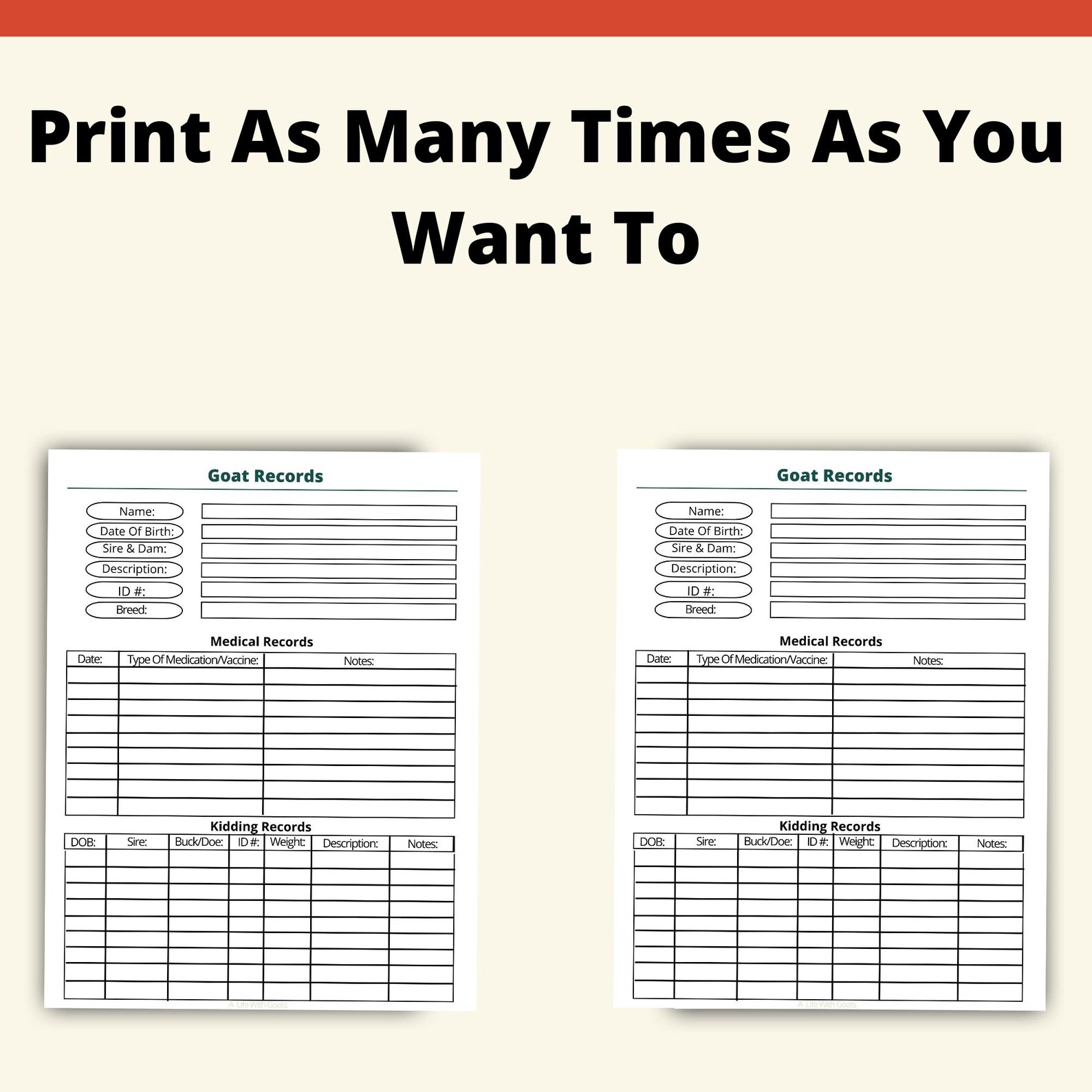 Printable Goat Records Page | Instant Download | 8.5x11 PDF| Homestead ...