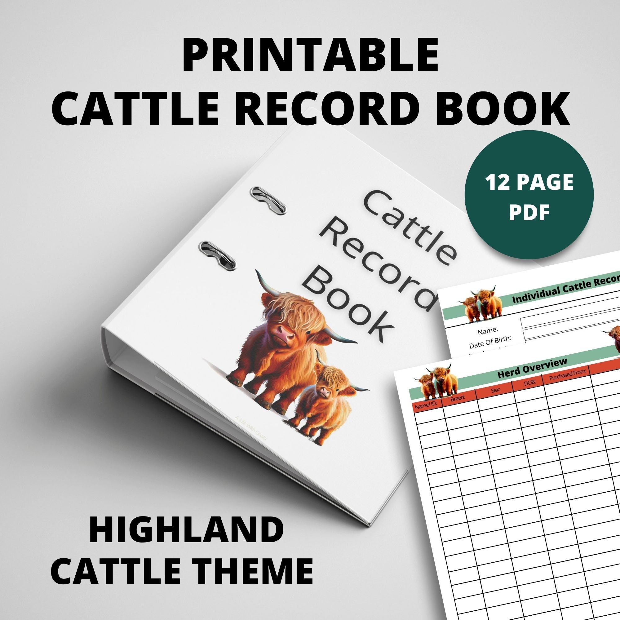 Printable Highland Cattle Theme Cattle Records Book Instant Download 8 ...