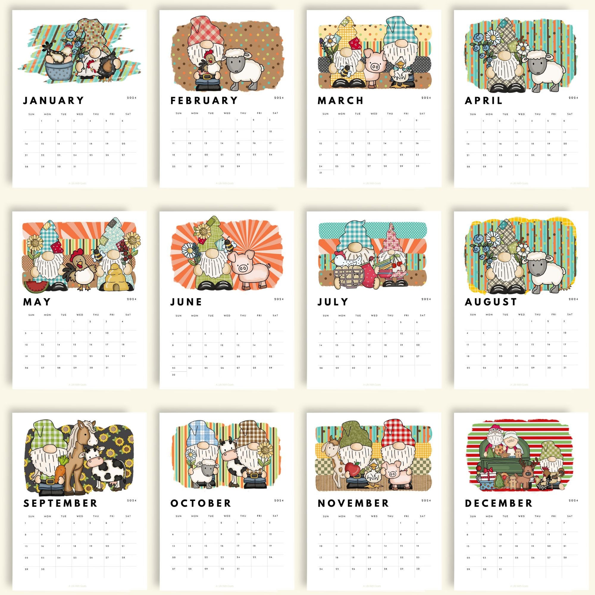 Printable 2024 Cute Country Gnome Theme Calendar Instant - Etsy