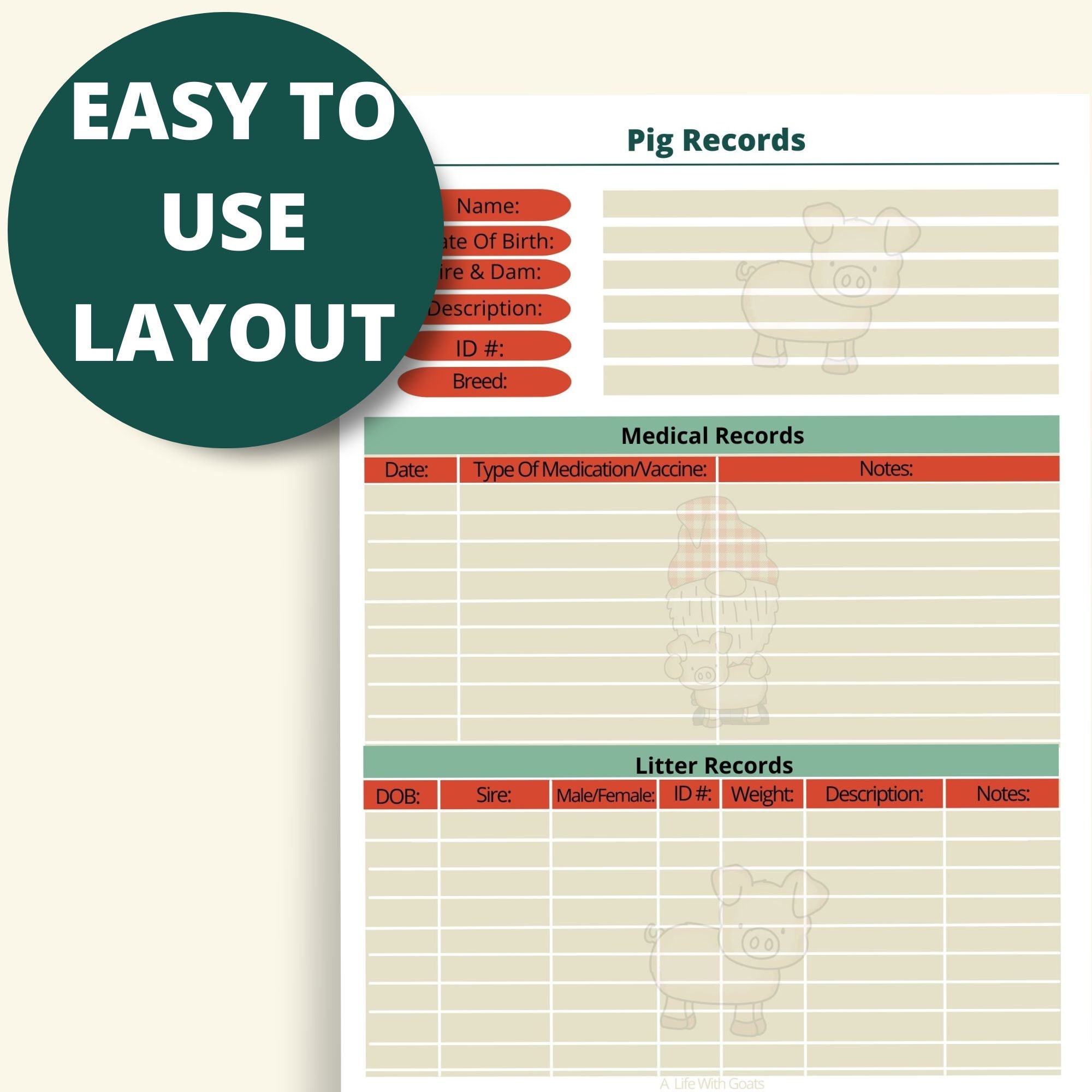 Printable Pig Record Sheet Instant Download 8.5x11 PDF Homestead Swine ...