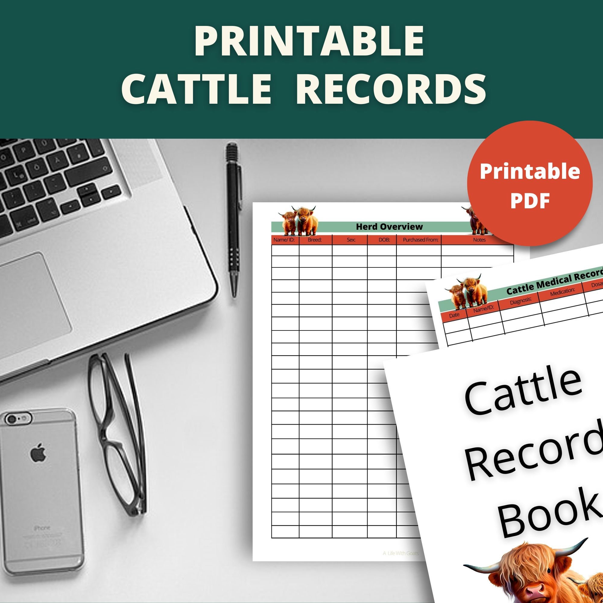 Printable Highland Cattle Theme Cattle Records Book Instant Download 8 ...