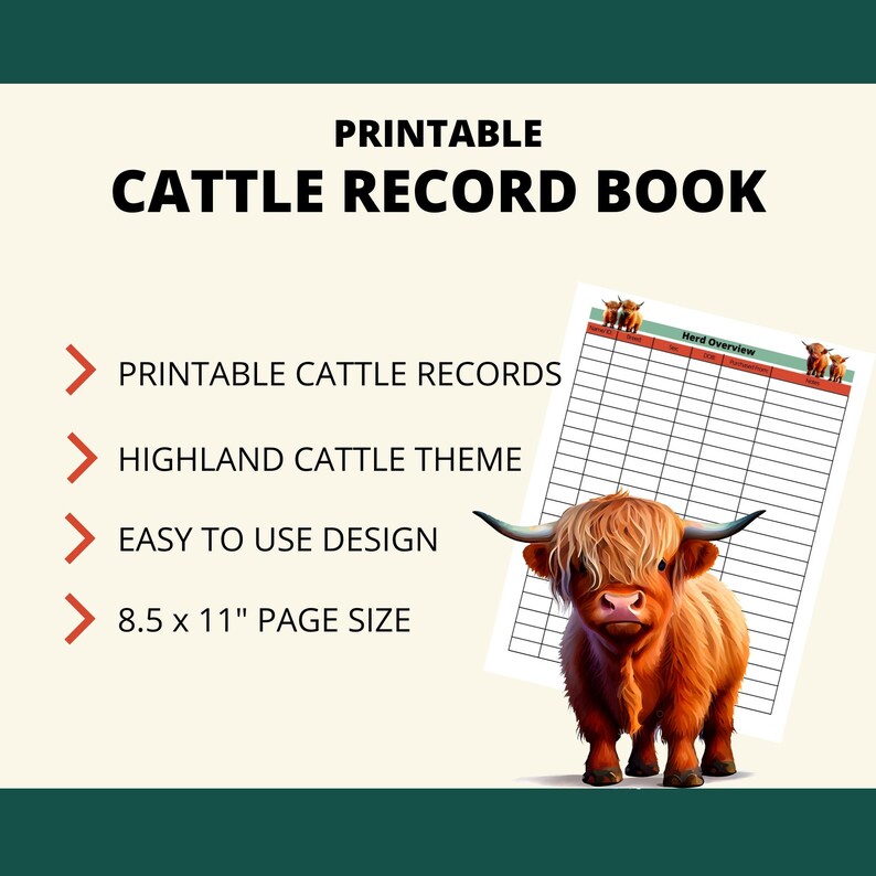 Printable Highland Cattle Theme Cattle Records Book Instant Download 8 ...