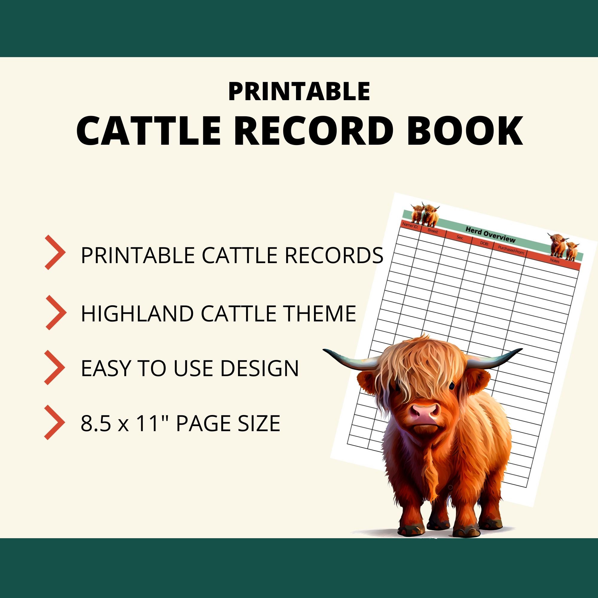 Printable Highland Cattle Theme Cattle Records Book Instant Download 8.5x11 PDF Homestead Cattle ...