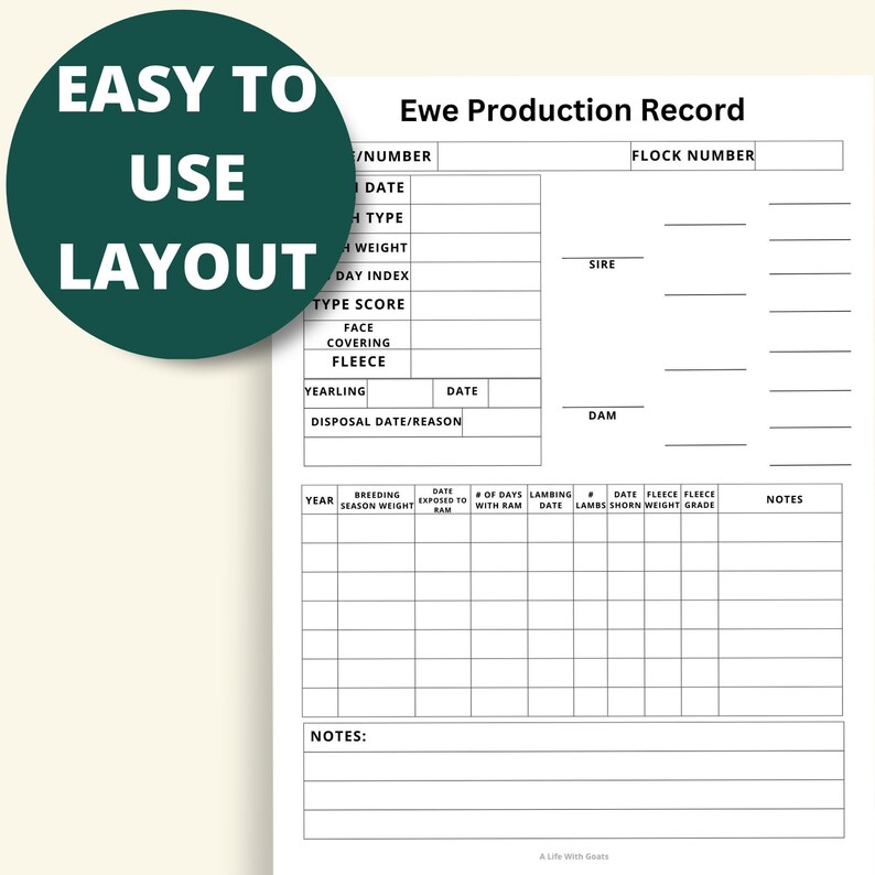 Minimal Ink Fillable & Printable Sheep Ewe Production Records Page ...