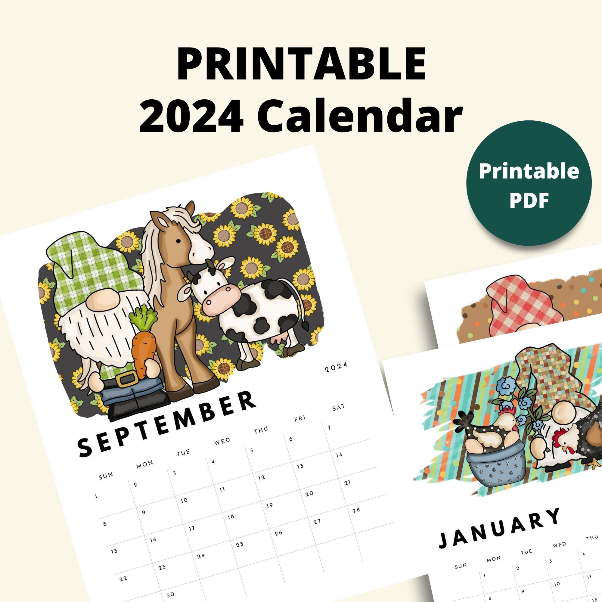 Printable 2024 Cute Country Gnome Theme Calendar Instant - Etsy