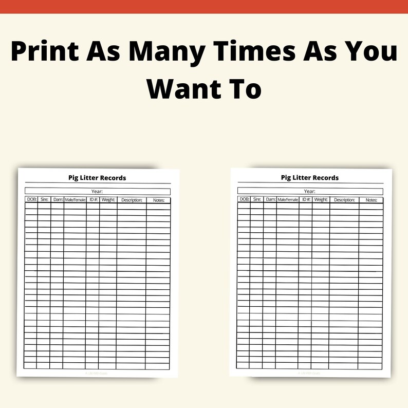 Minimal Ink Printable Pig Litter Record Sheet | Instant Download | 8 ...