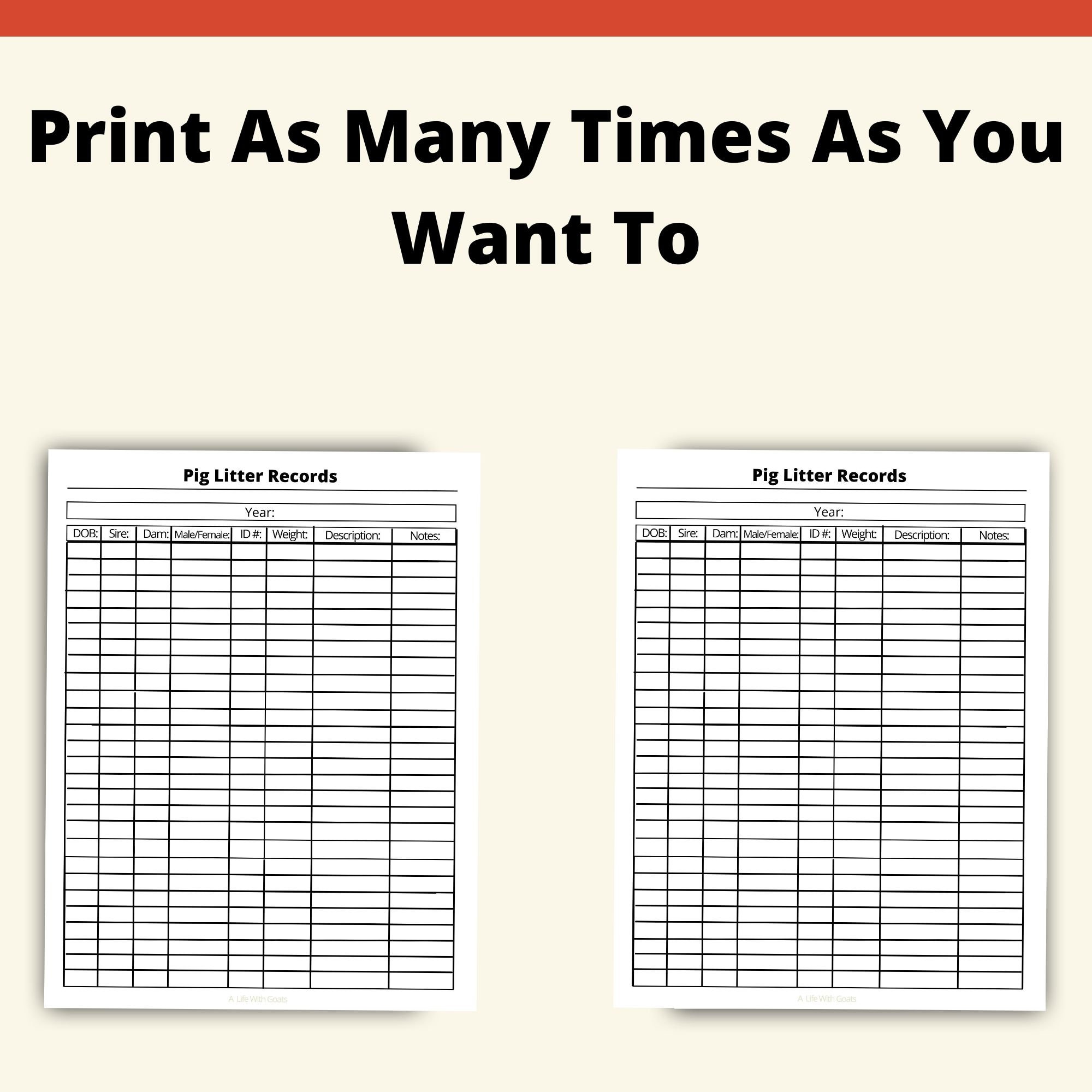 Minimal Ink Printable Pig Litter Record Sheet | Instant Download | 8 ...