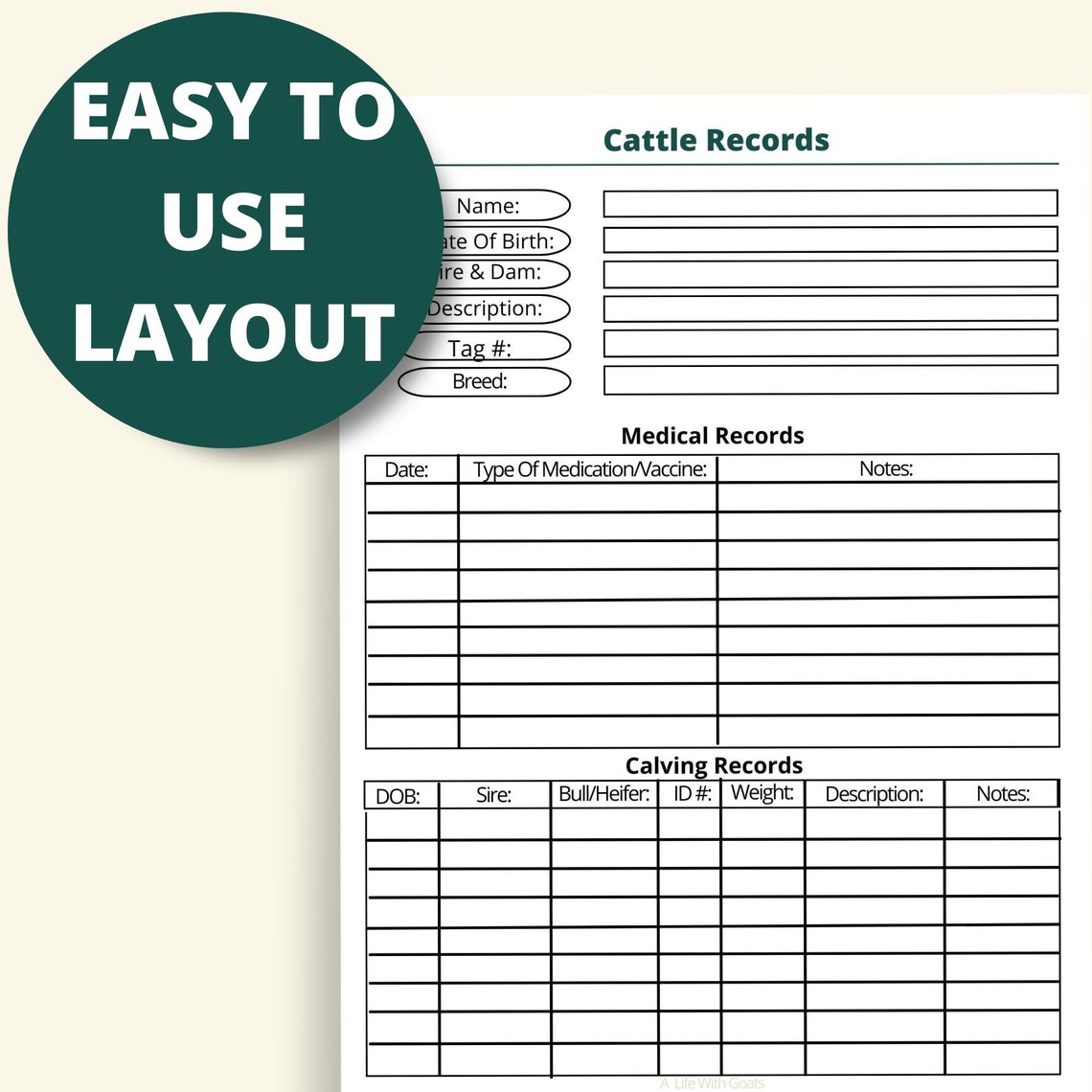 Printable Cattle Records Page | Instant Download | 8.5x11 PDF ...