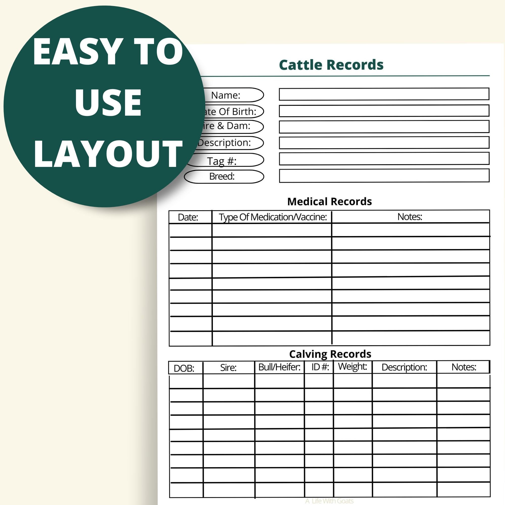 Printable Cattle Records Page | Instant Download | 8.5x11 PDF| Homestead Cattle Care Tracker ...