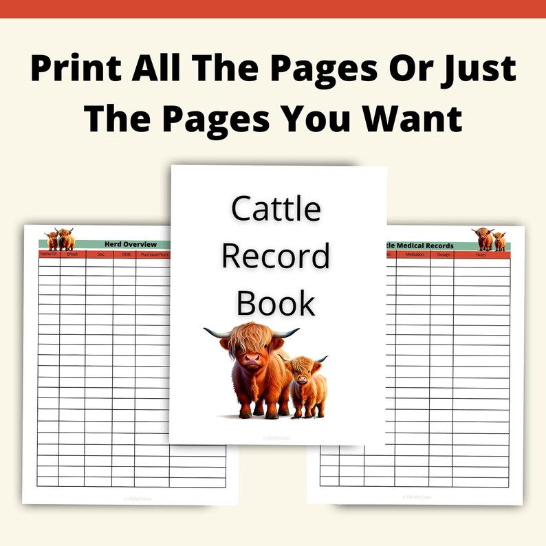 Printable Highland Cattle Theme Cattle Records Book Instant Download 8 ...