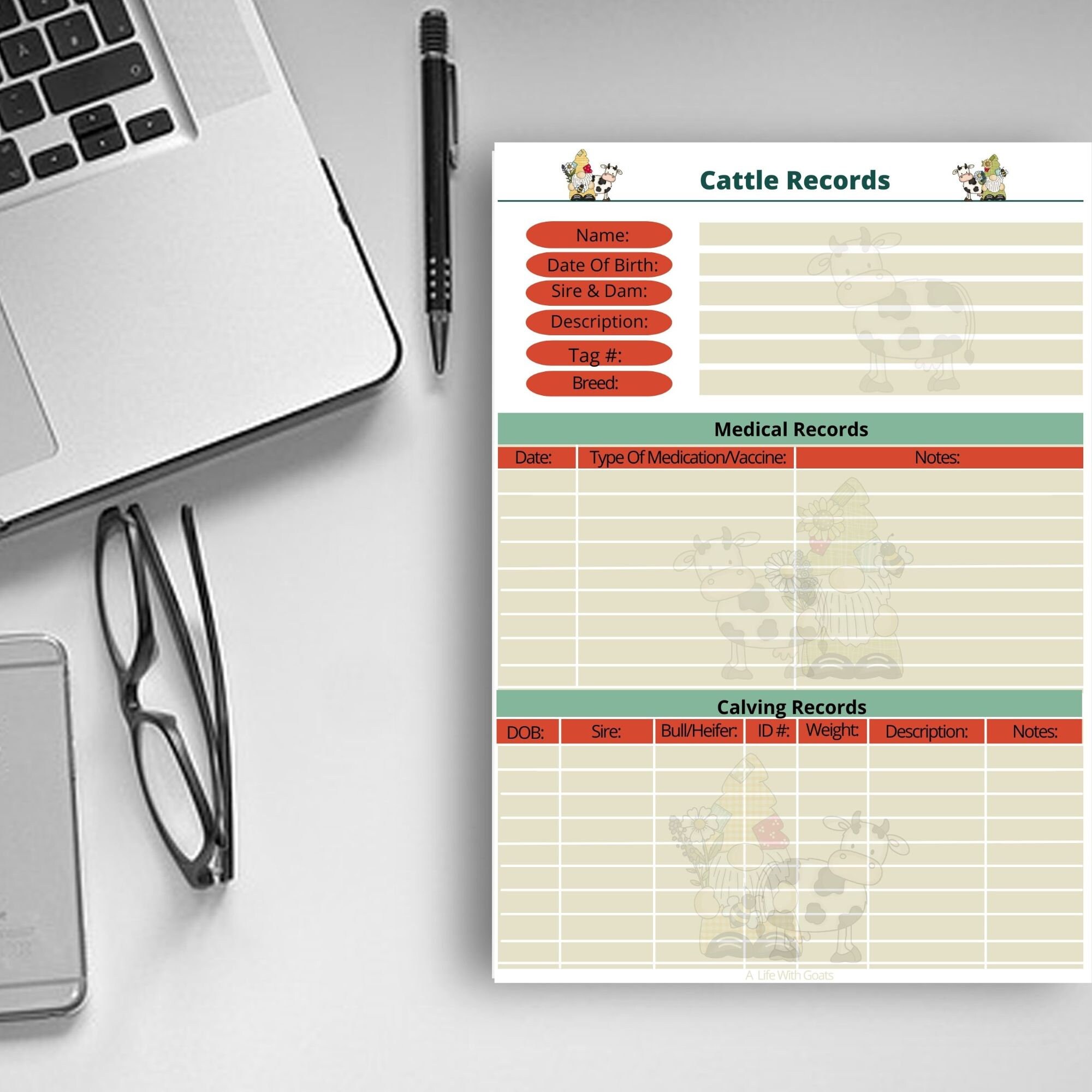 Printable Cattle Records Page Instant Download 8.5x11 PDF Homestead ...
