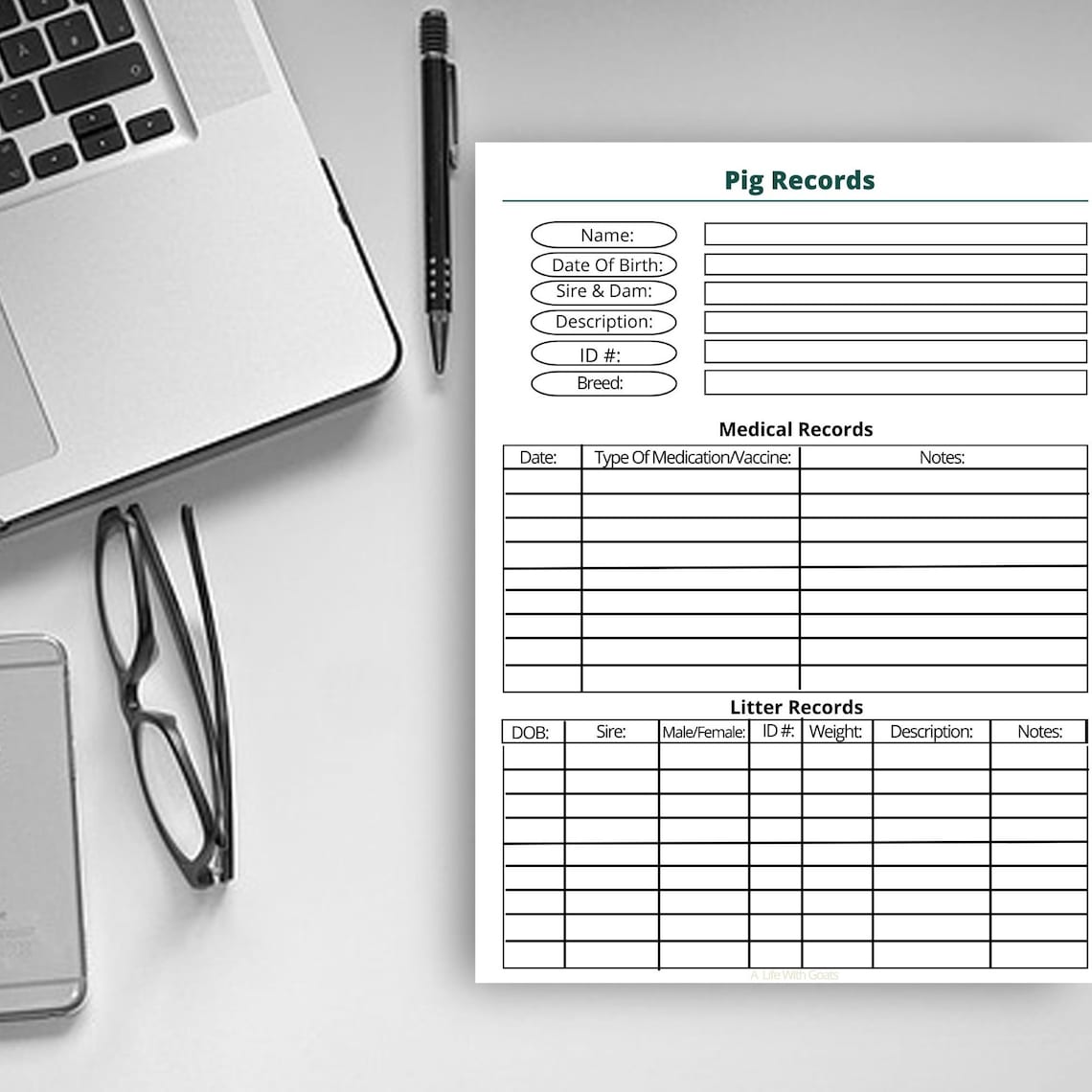 Printable Pig Record Sheet Minimal Ink | Instant Download | 8.5x11 PDF ...