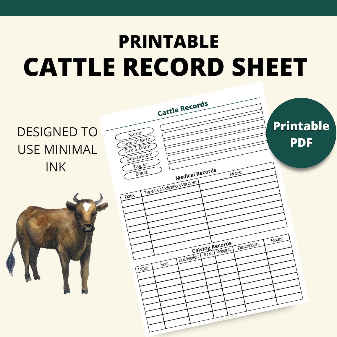 Printable Cattle Records Page | Instant Download | 8.5x11 PDF ...