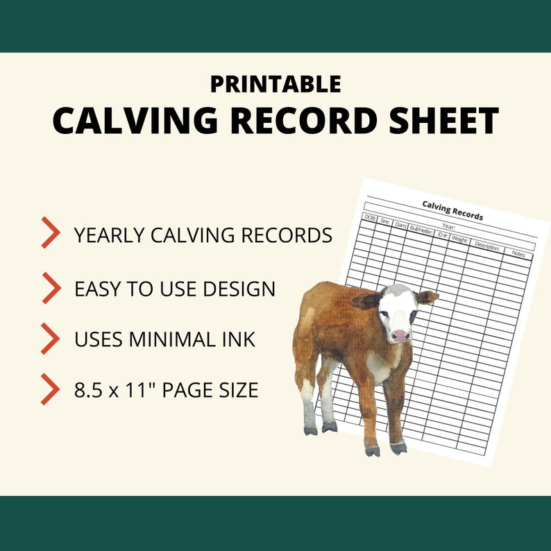 Minimal Ink Printable Calving Records Page | Instant Download | 8.5x11 PDF| Homestead Calving ...
