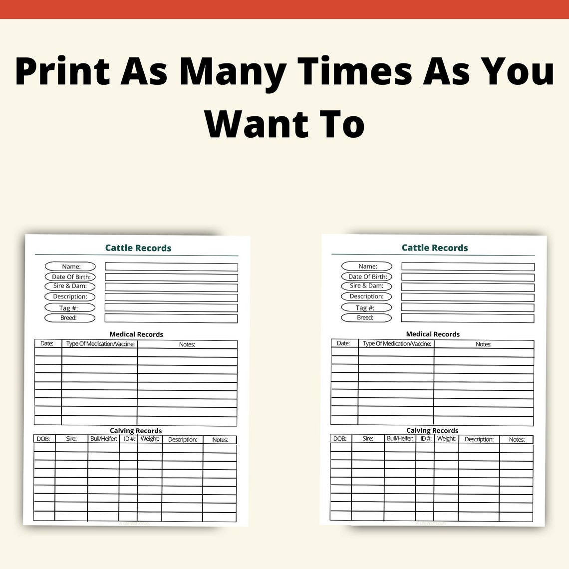 Printable Cattle Records Page | Instant Download | 8.5x11 PDF ...