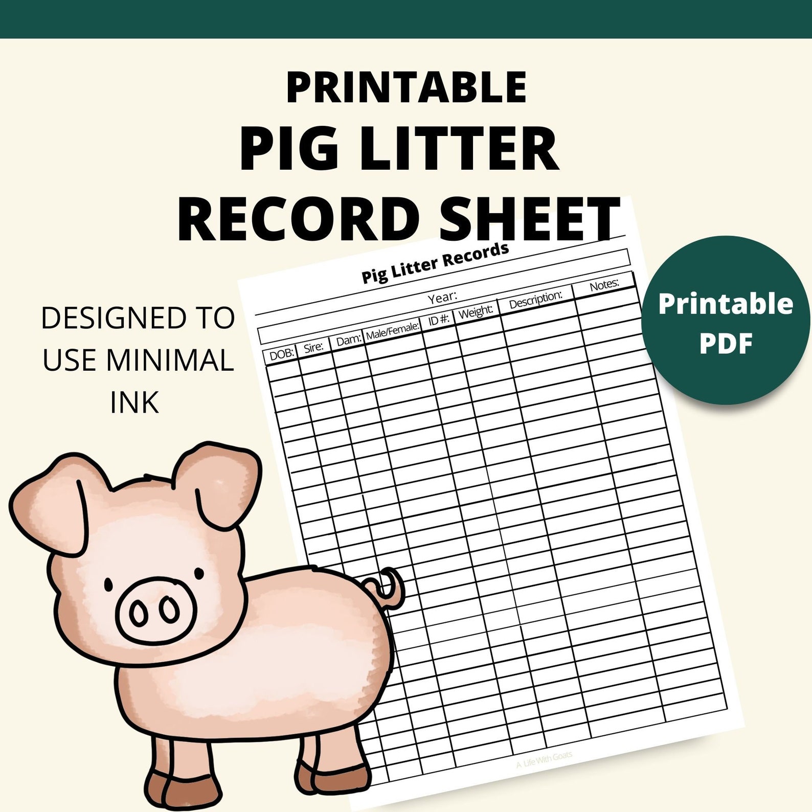 Minimal Ink Printable Pig Litter Record Sheet | Instant Download | 8 ...