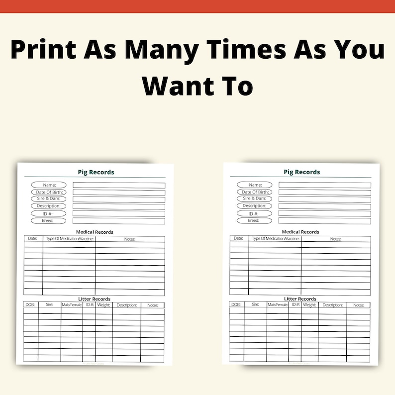 Printable Pig Record Sheet Minimal Ink | Instant Download | 8.5x11 PDF ...