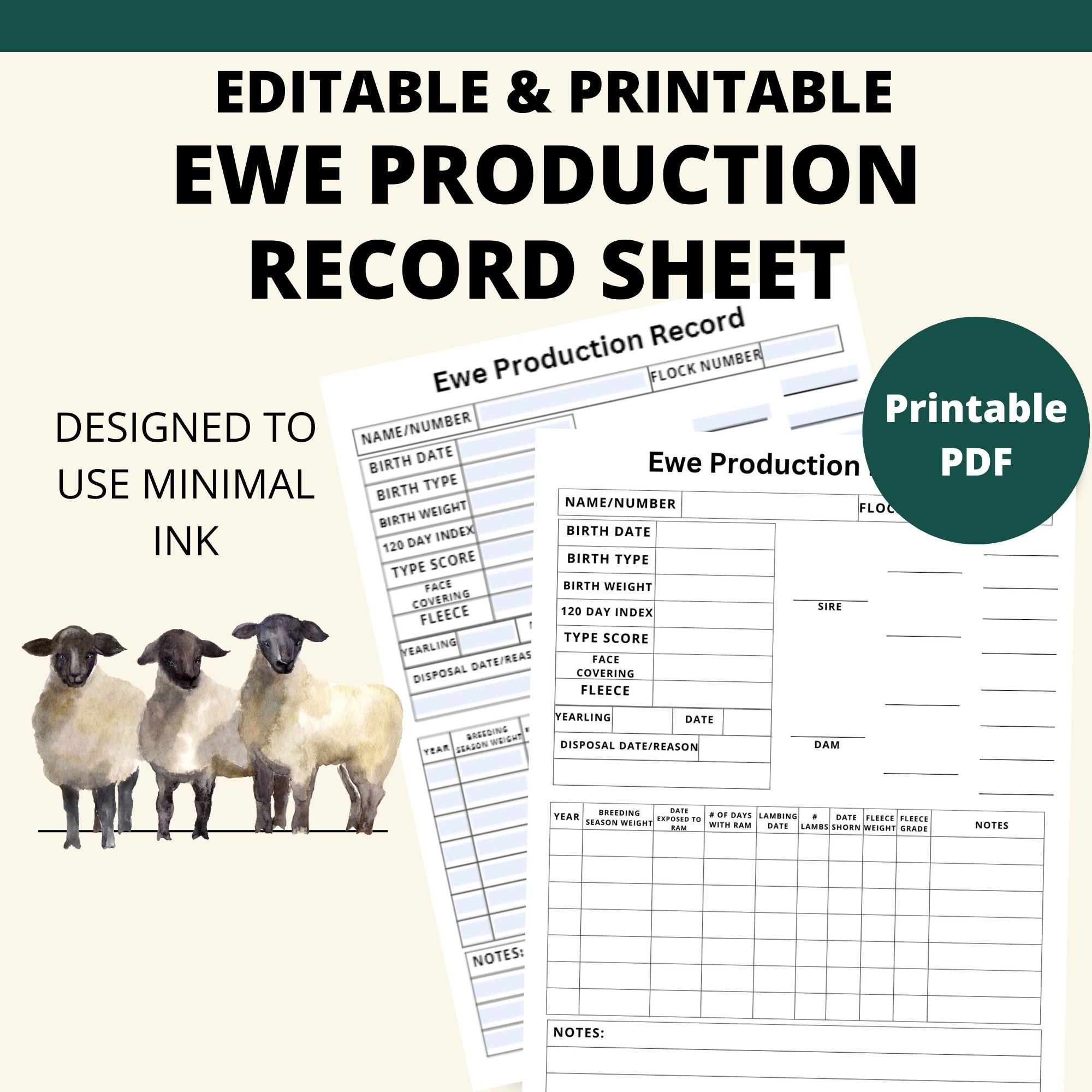 Minimal Ink Fillable & Printable Sheep Ewe Production Records Page ...