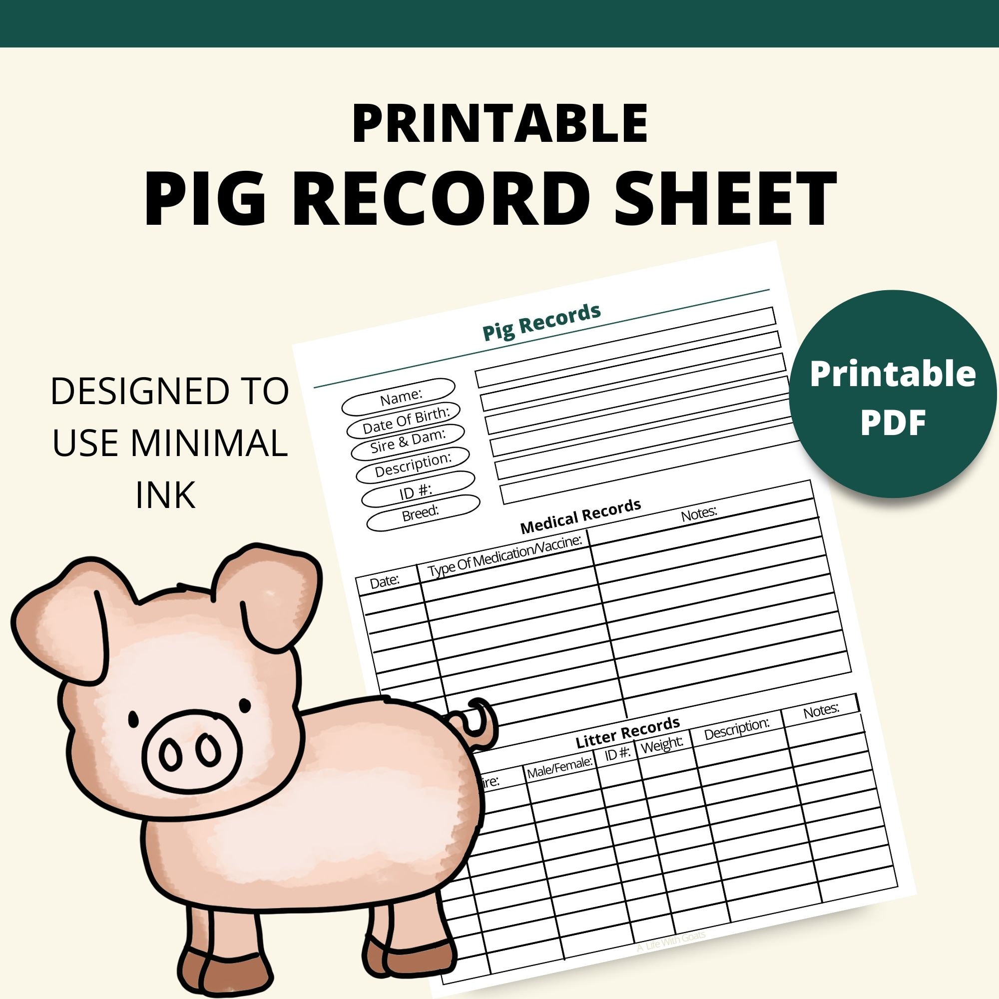 Printable Pig Record Sheet Minimal Ink | Instant Download | 8.5x11 PDF ...