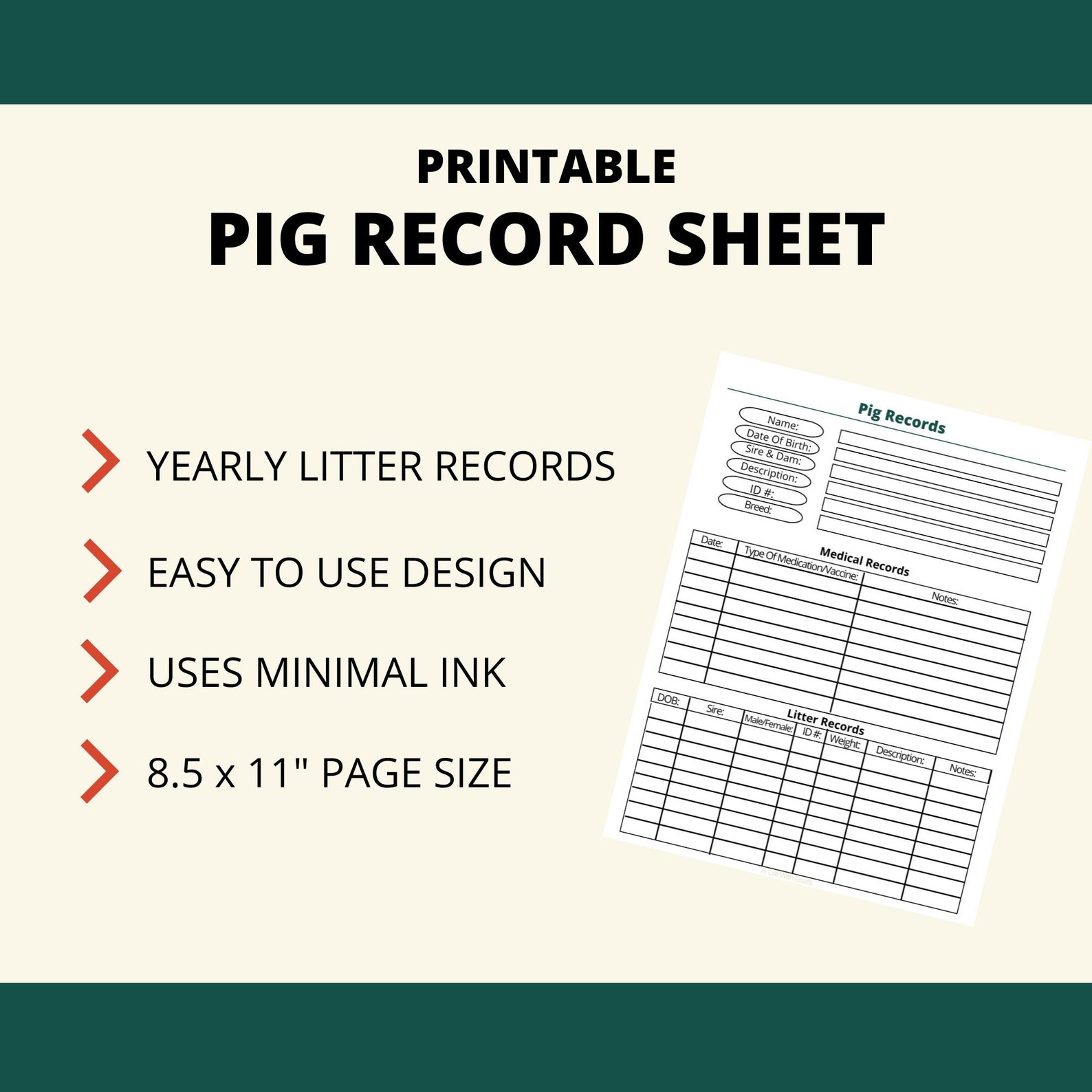 Printable Pig Record Sheet Minimal Ink Instant Download 8.5x11 PDF ...