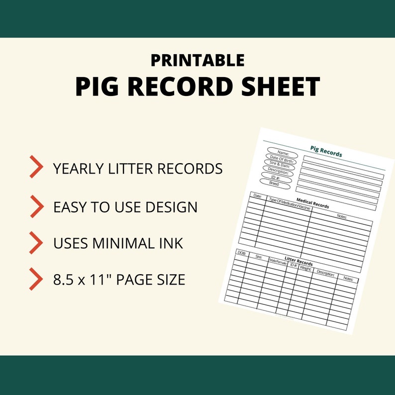 Printable Pig Record Sheet Minimal Ink | Instant Download | 8.5x11 PDF ...