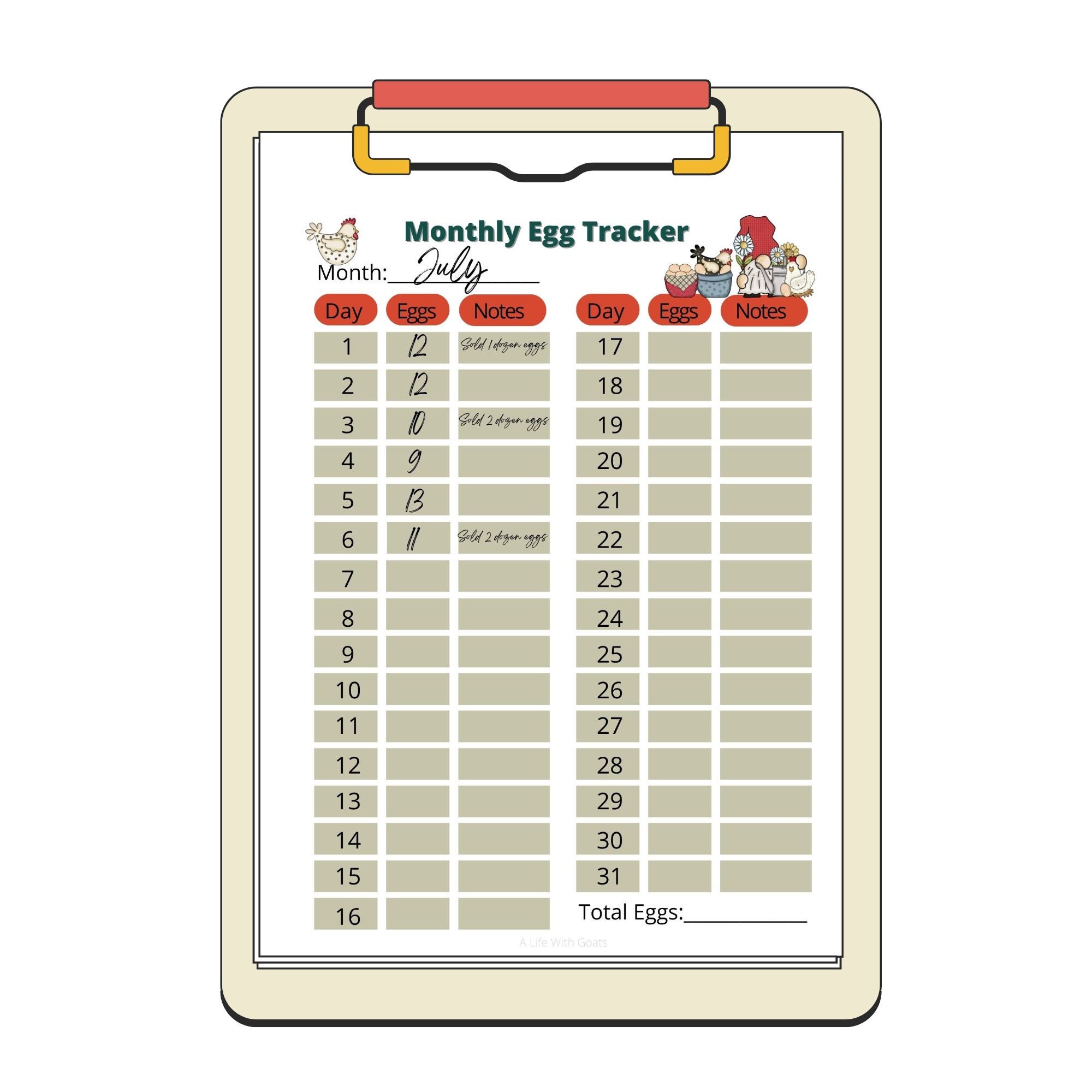 Printable Monthly Egg Collection Tracker | Instant Download | 8.5x11 ...